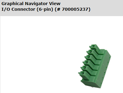 What is the part number of the six-pin green I/O connector on the back ...